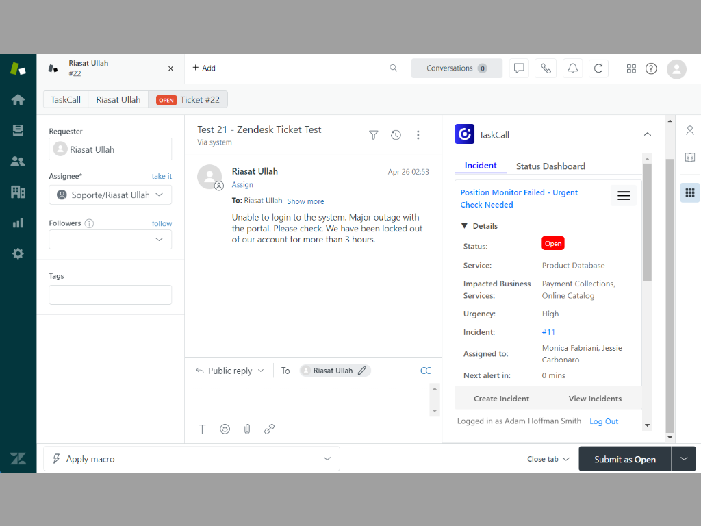 TaskCall App Integration with Zendesk Support